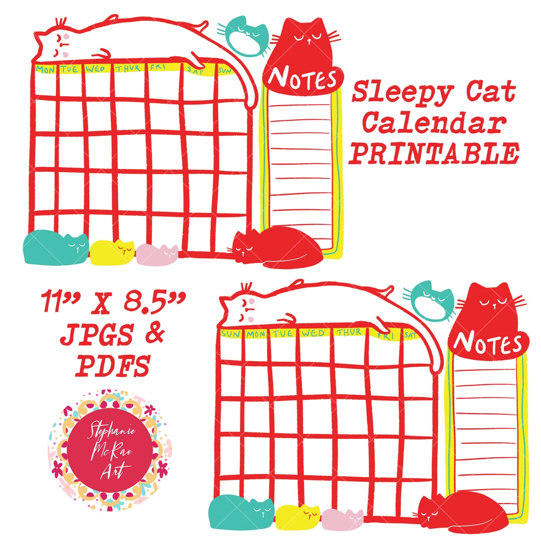 Sleepy Cat Calendar Printable, Digital Download, Printable Calendar ...
