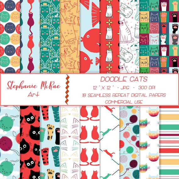 Cat Doodle Digital Paper Pack Cat Patterns Doodle Paper | Etsy