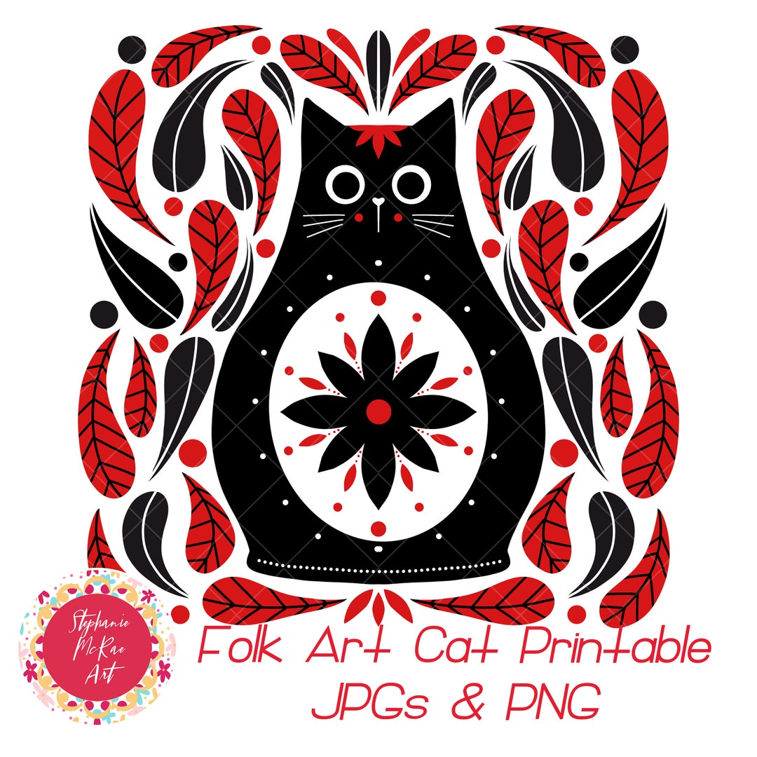 Folk Art Cat Printable, Cat Wall Art, Russian Doll Cat Print, Cat Png ...