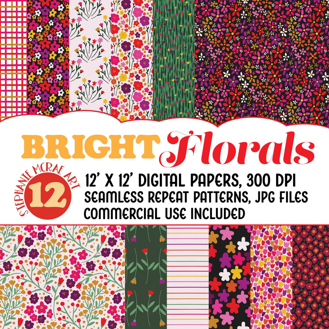 Bright Floral Digital Paper Pack, Floral Digital Paper, Scrapbooking ...
