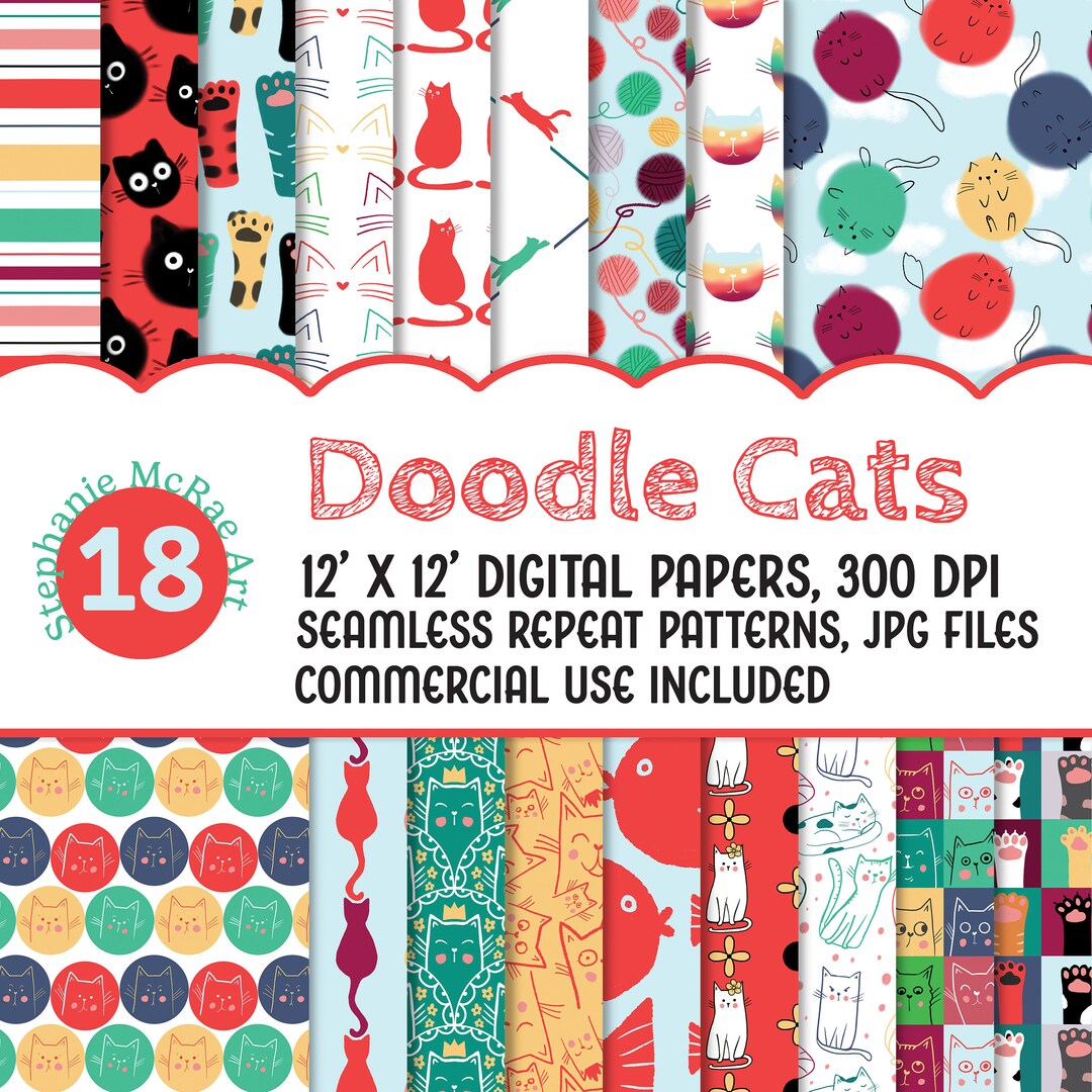 Cat Doodle Digital Paper Pack, Cat Patterns, Doodle Paper Pack, Digital ...