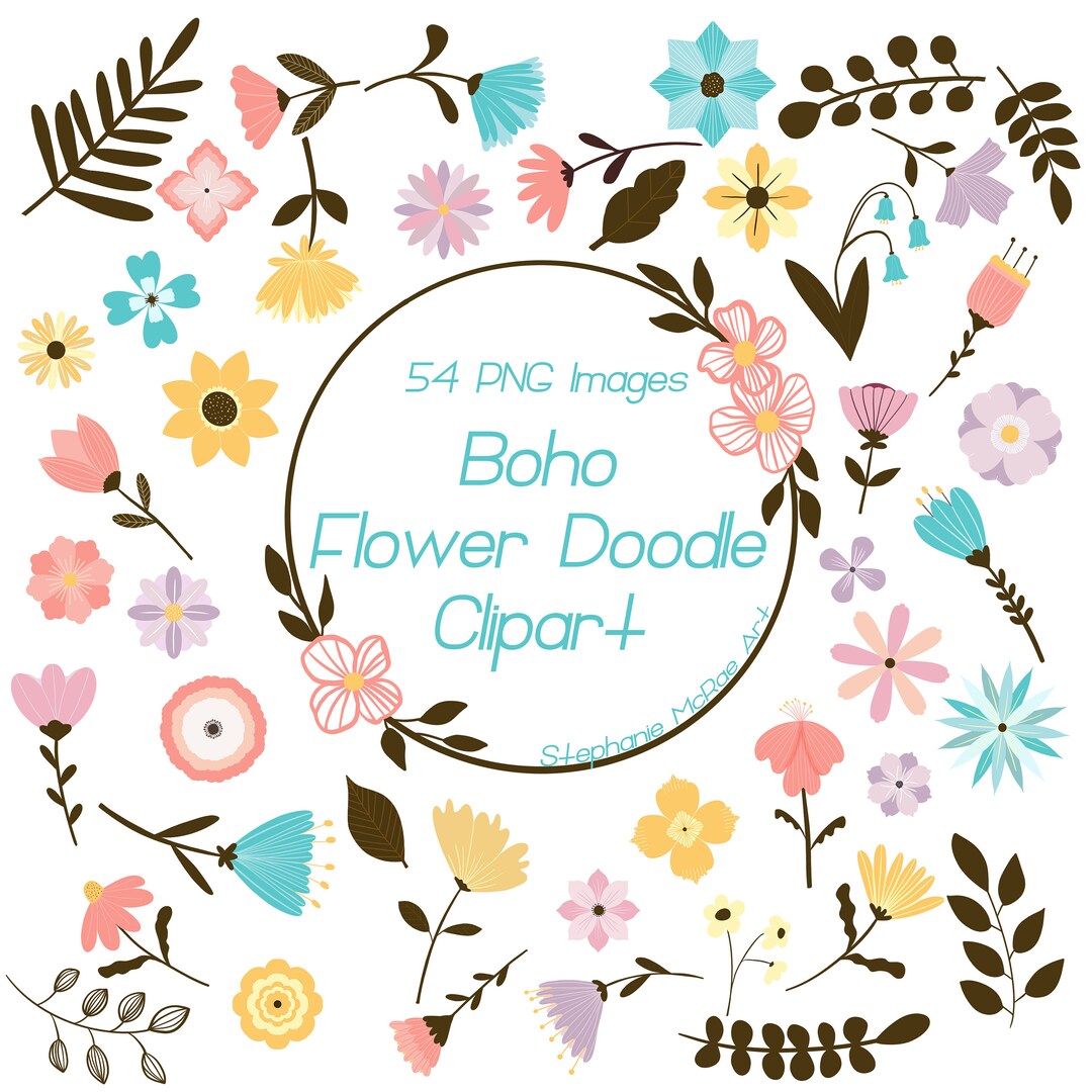 Flower Clip Art, Flower Doodle Clip Art, Commercial Use, Boho Flowers ...