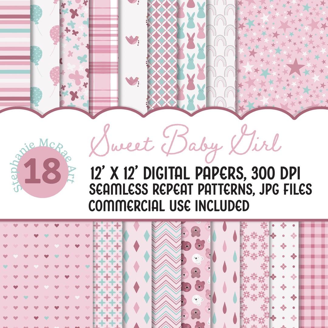 Cute Baby Girl Digital Paper Pack, Seamless Patterns (digital Download ...