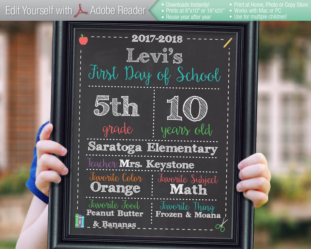 MEMENTO First Day of School Editable Sign || Chalkboard Style Instant ...