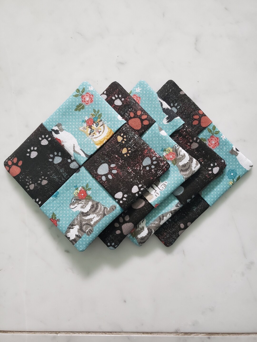 Floral Cat and Paw Print Coasters - Set of 4 Coasters - Fabric Coasters ...