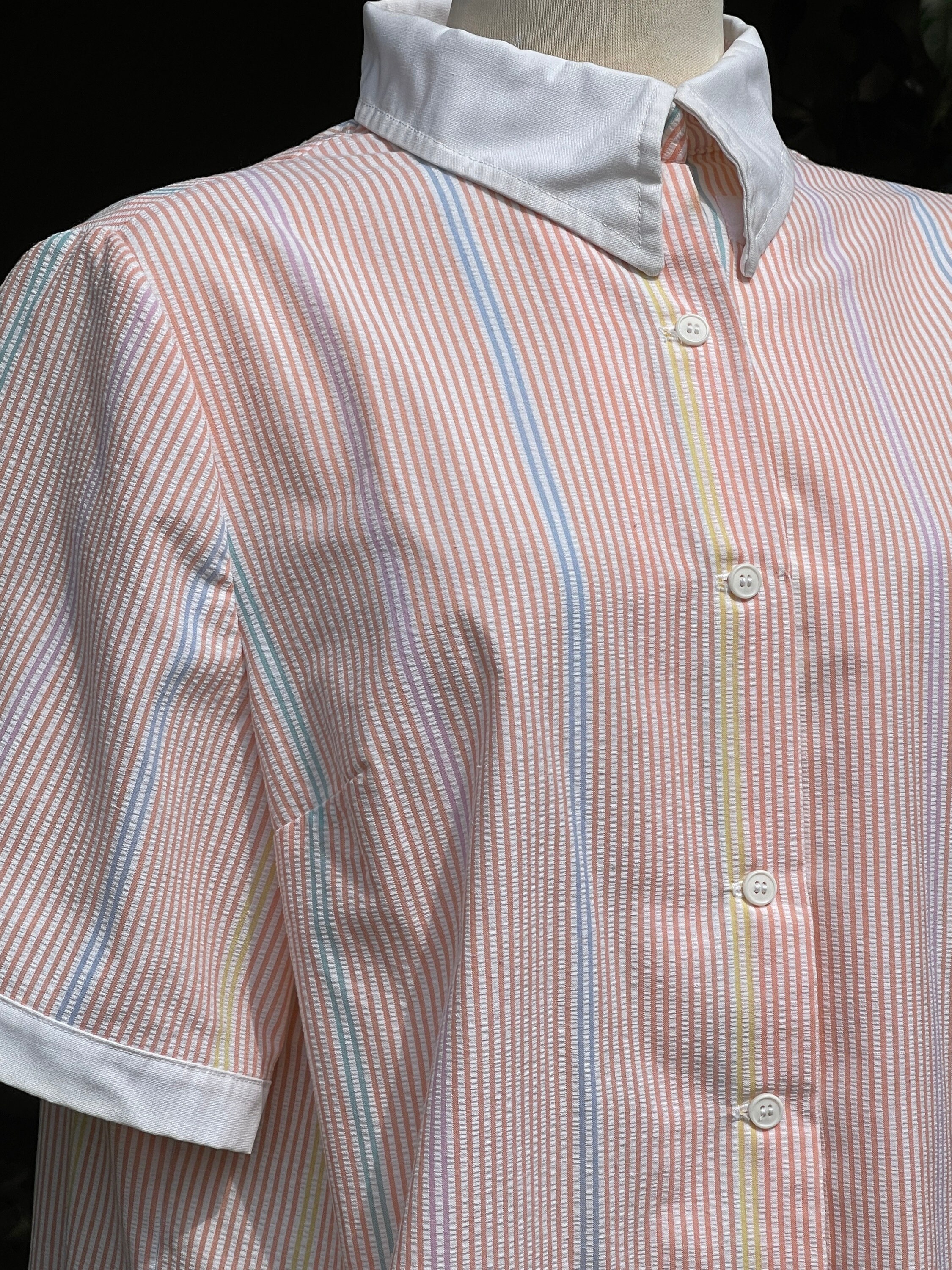 Vintage Multi Pastel Colored Striped Button-up Collared Short Sleeve ...