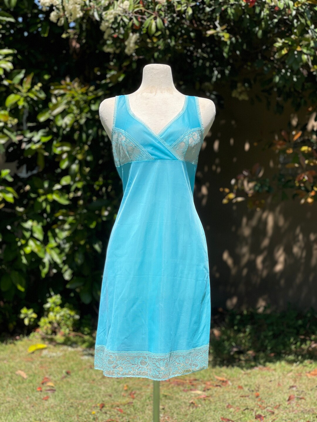 Vintage Turquoise Blue Sheer Lace Trim Sleeveless Lingerie Slip Dress ...