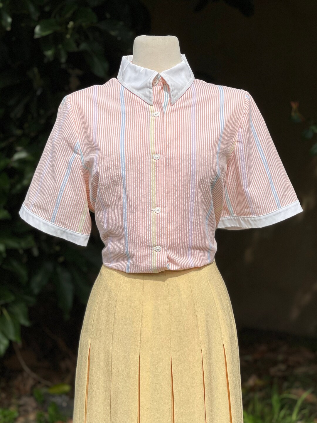 Vintage Multi Pastel Colored Striped Button-up Collared Short Sleeve ...