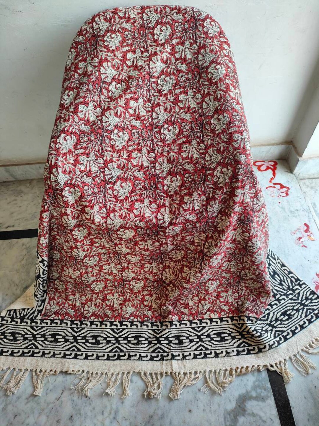 Indian Throw Red Black Blanket Bohemian Mud Cloth Bedcover With Tassels ...