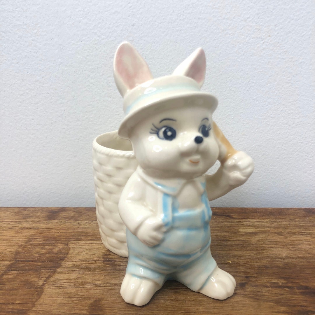 Vintage Ceramic Easter Bunny Planter, Rabbt Figurine, Overalls, Basket ...