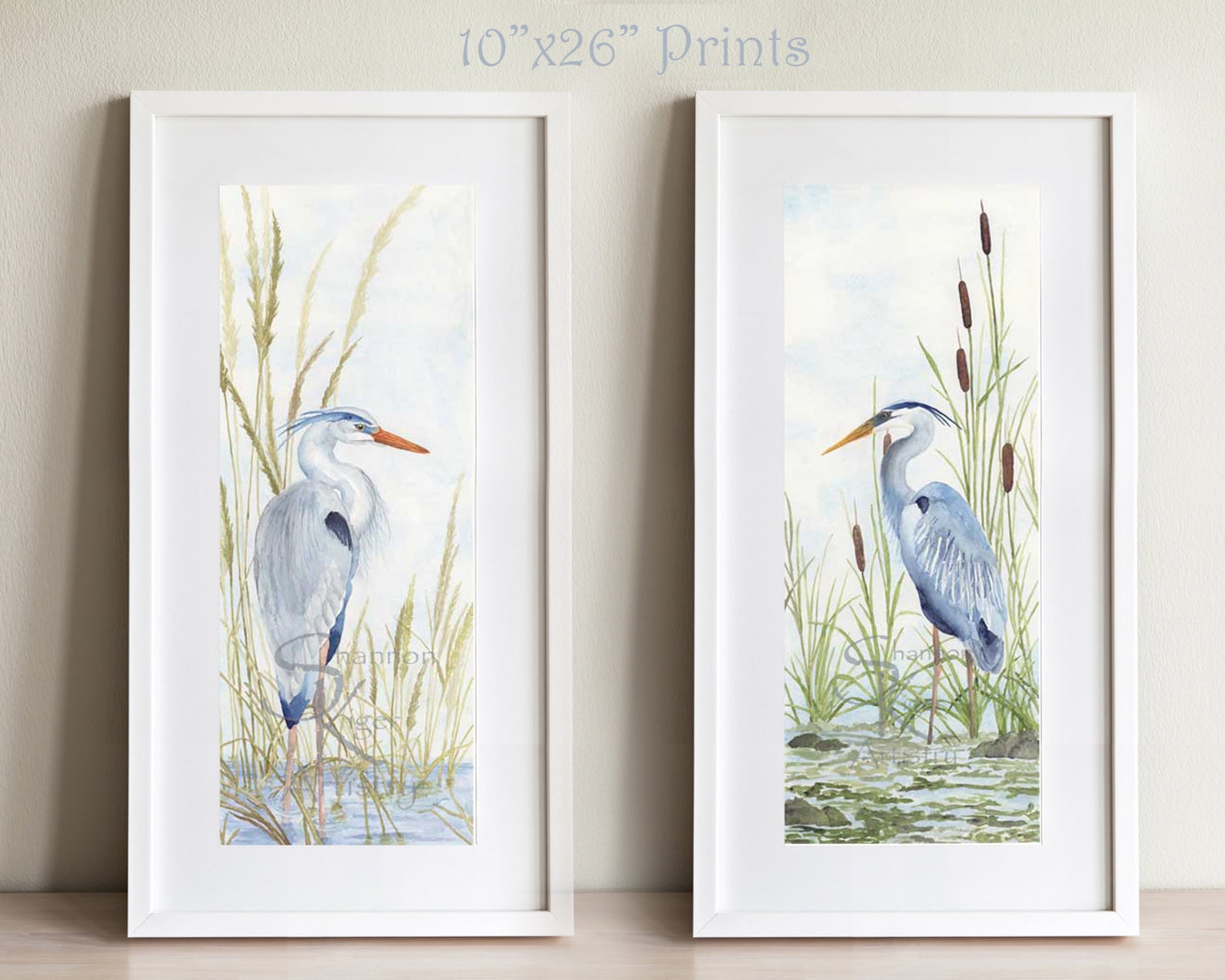 Great Blue Heron Original Watercolor Fine Art Prints Set of 2 ...