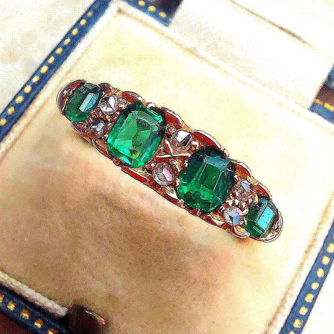 Rare Antique Emerald Paste and Rose Cut Diamond 18ct Yellow Gold Ten ...