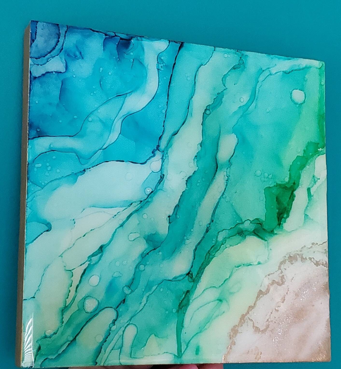Alcohol Ink With Resin on Wood, Beach Scene, Abstract Ocean, Shiny ...