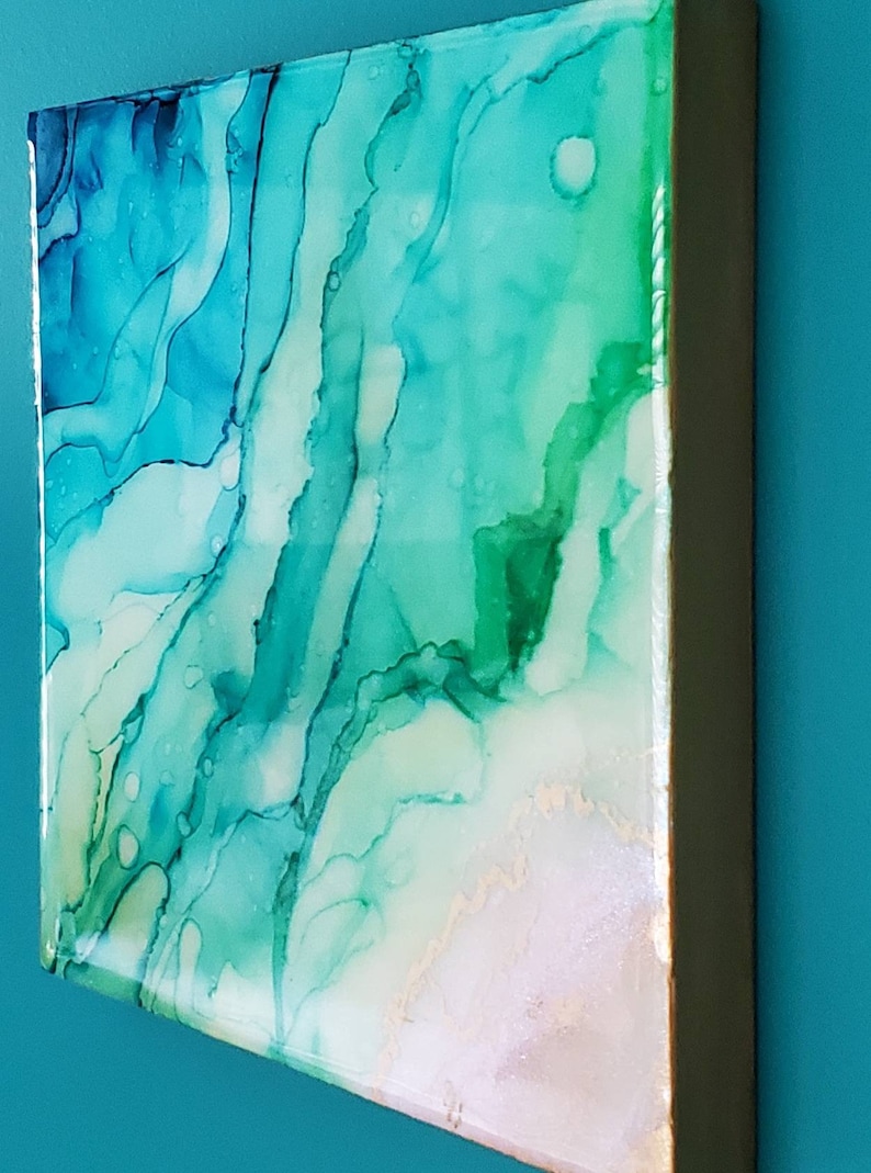 Alcohol Ink With Resin on Wood, Beach Scene, Abstract Ocean, Shiny ...