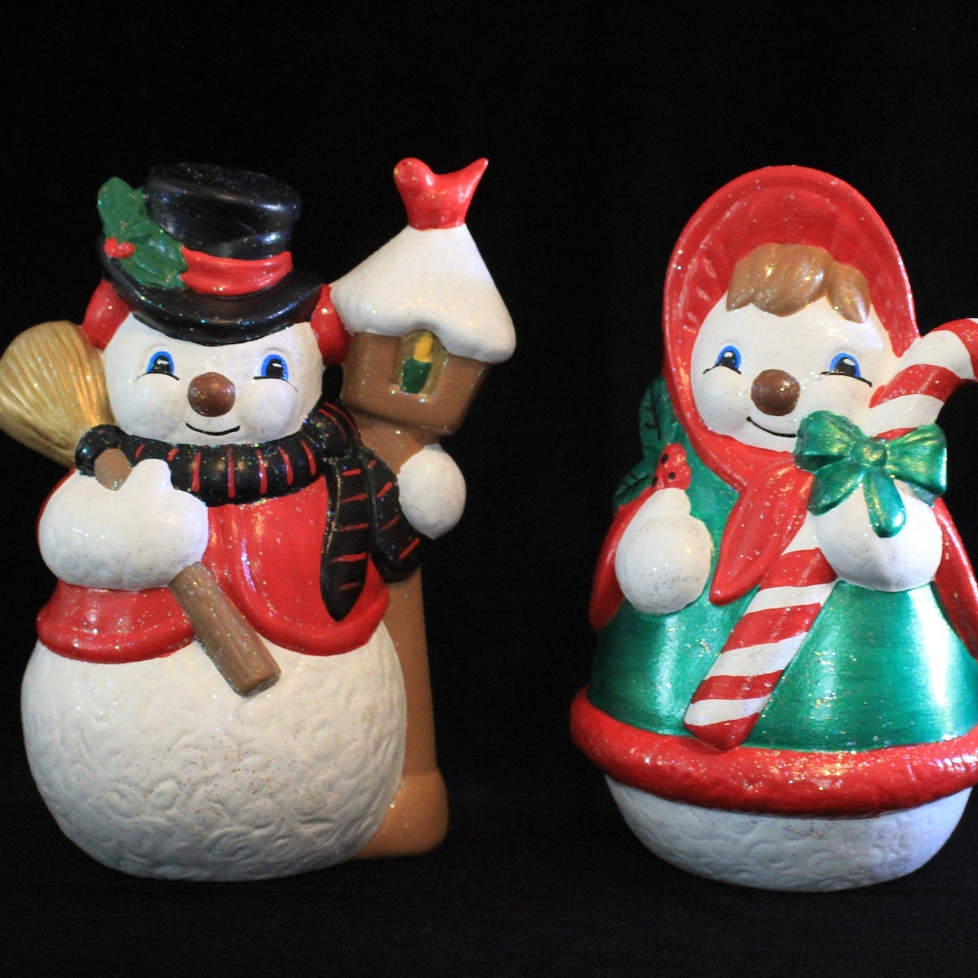 Ceramic Red and Green Snowman Pair - Etsy