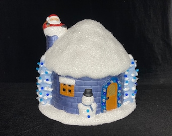 Ceramic Igloo House Vintage Lighted Trees Santa Claus Dome Home Snowman ...