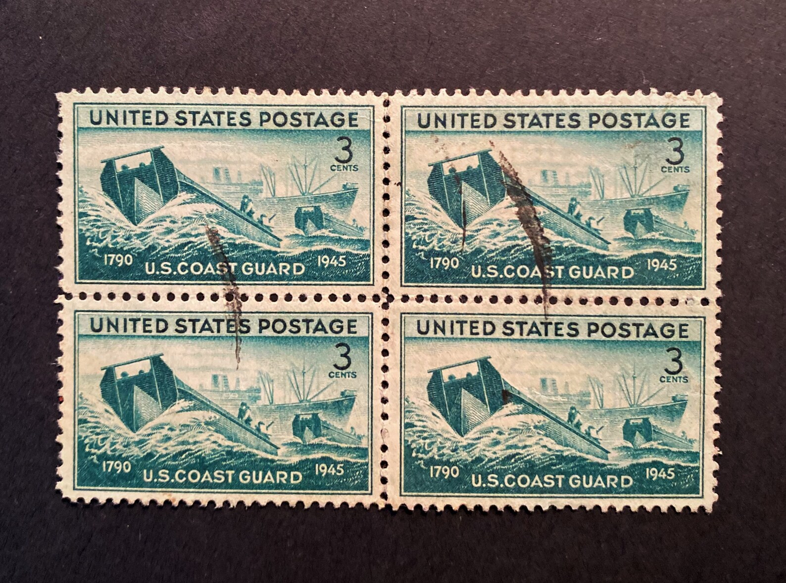 USA Coast Guard Postage Stamps Block of 4 Issued Nov 10, 1945 Armed ...