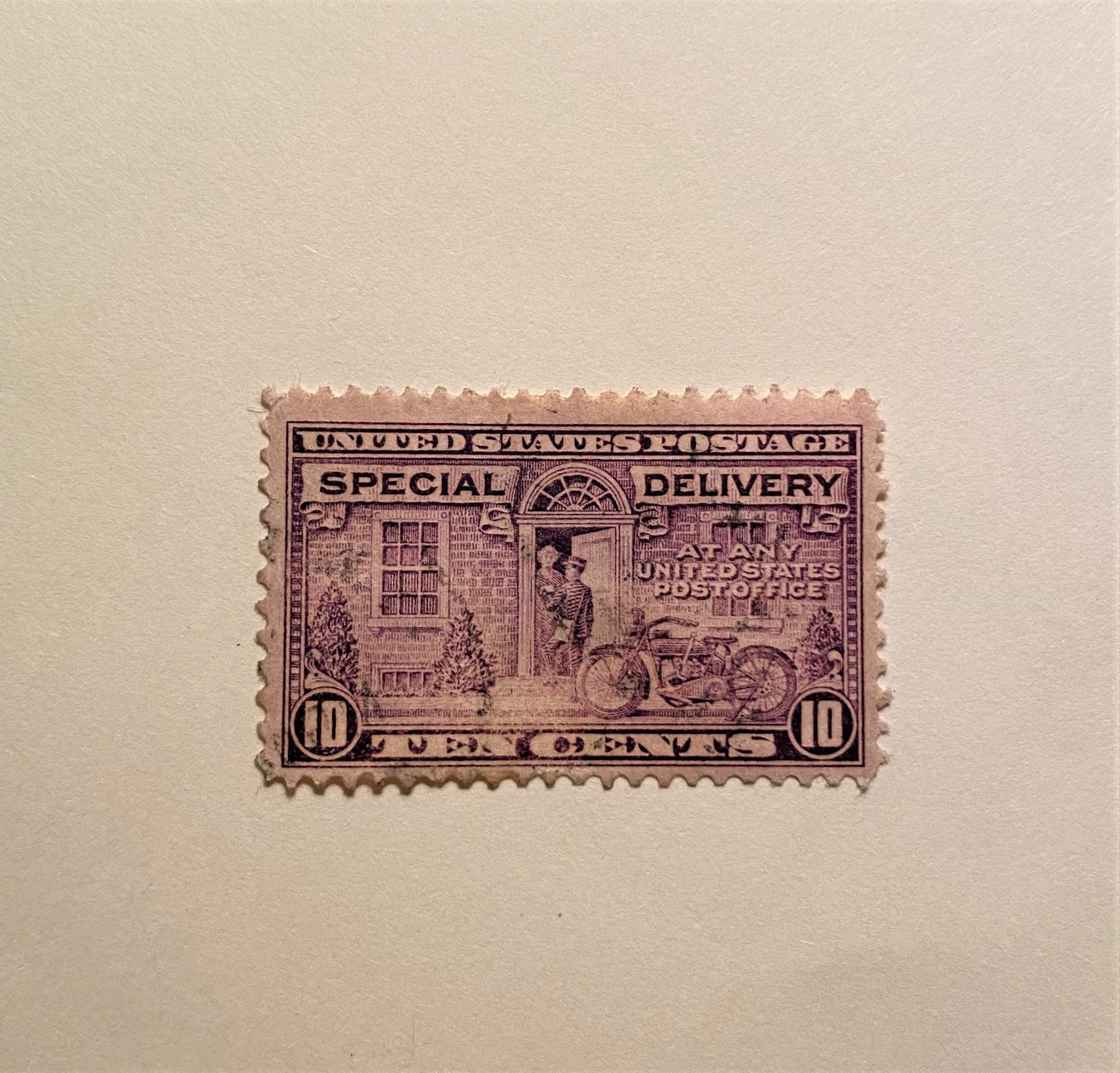 US Special Delivery Motorcycle Carrier 10c Stamp; 1927; Scott #E15, F ...