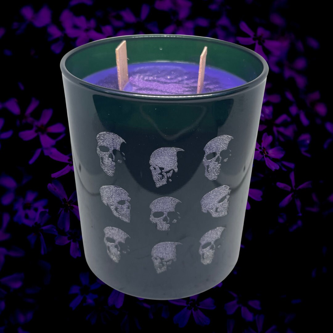Large Black Glass Candle With Etching Bats, Skulls, Handmade, Fantasy ...