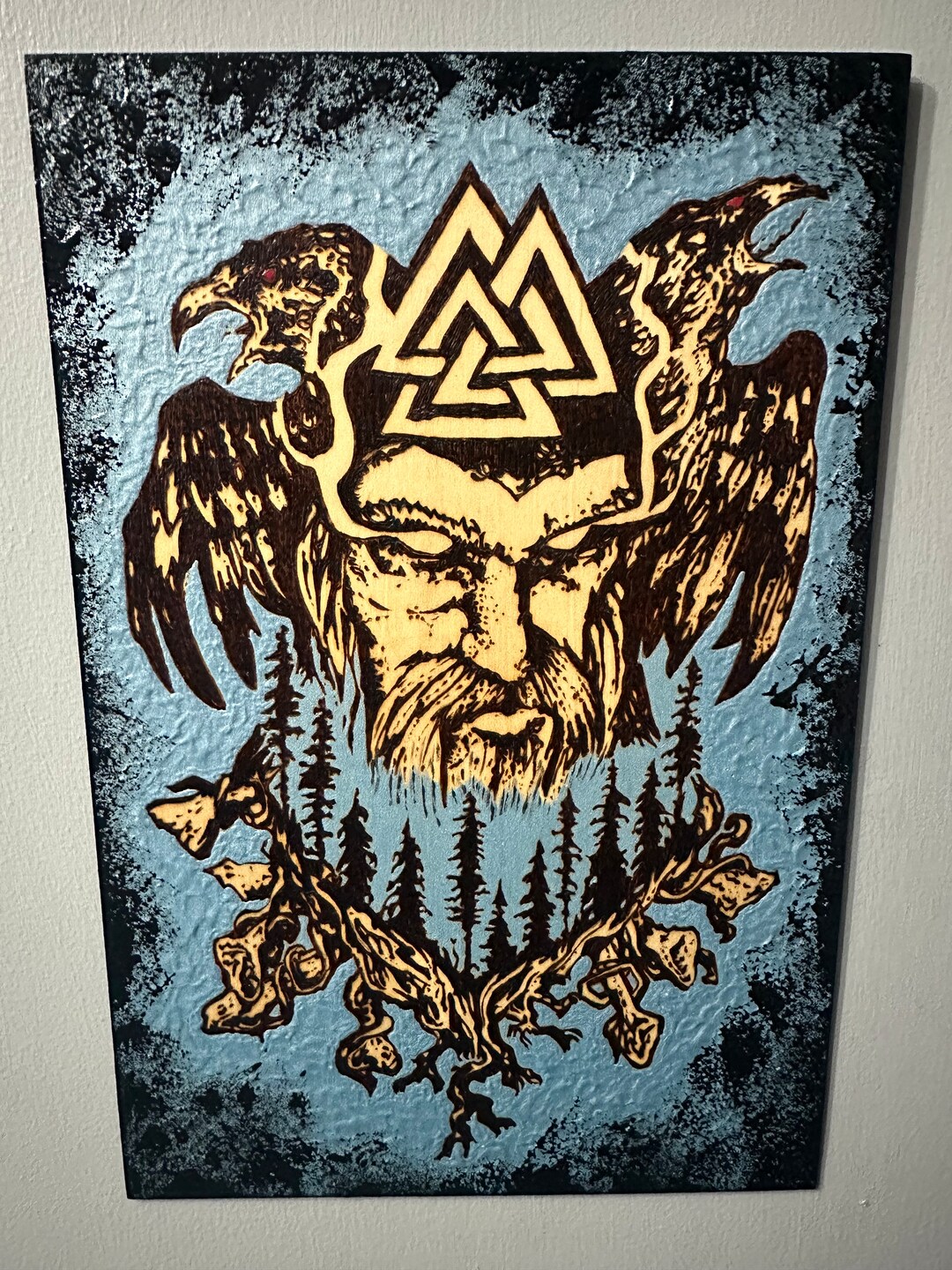 Framed Wooden Wall Plague Odin and Ravens, Wood Burning, Mixed Media ...