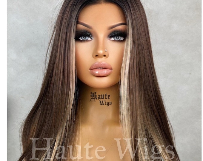Iconic 90s Inspired Money Piece Brunette Brown Wig Blonde Highlights ...