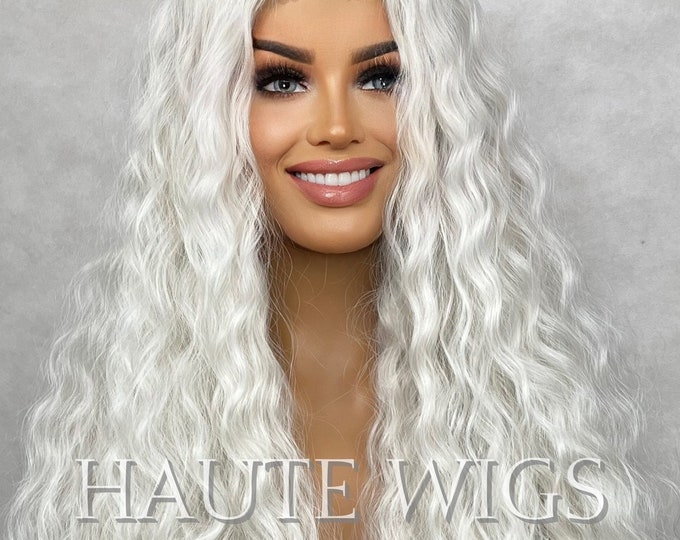 XXXL 42 Inch Wavy Curly Long Wig Lace Front Center Part Ice Platinum ...