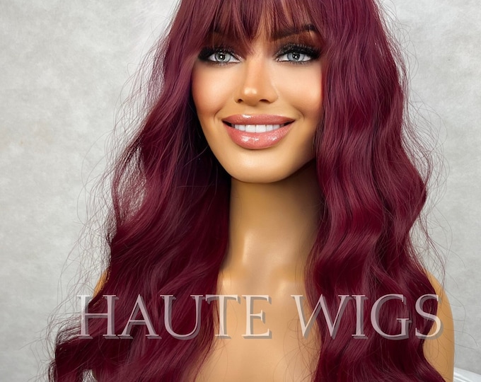 Dark Cherry 18 Inch Deep Red Wig Long Wavy W Bangs and Fringe Womens ...