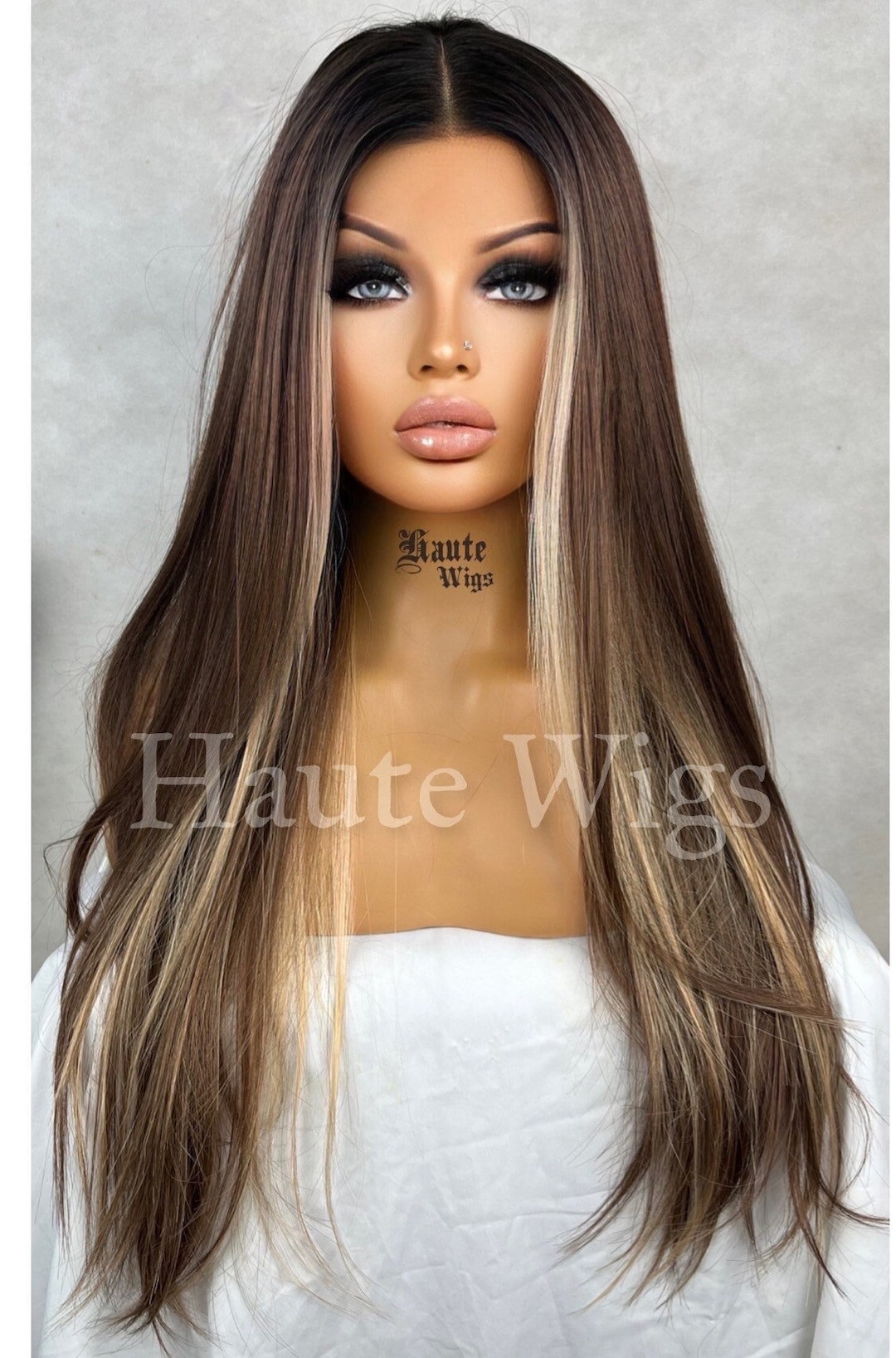 90s Brunette Wig: Long Brown Hair With Blonde Highlights, Lace Front - Etsy