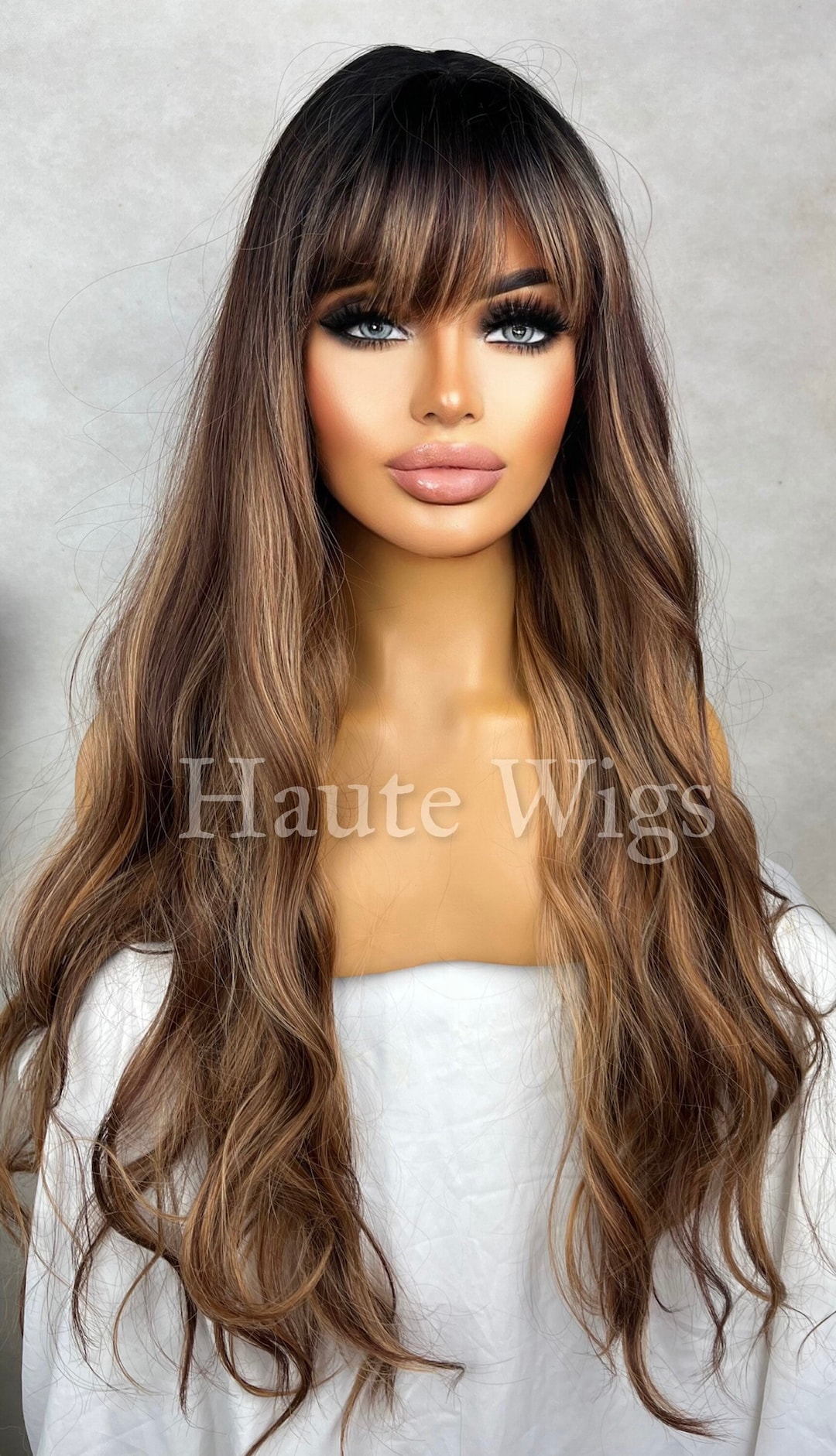30 Inch Brown Wig With Bangs: Brunette Highlights, Wavy Synthetic Hair ...