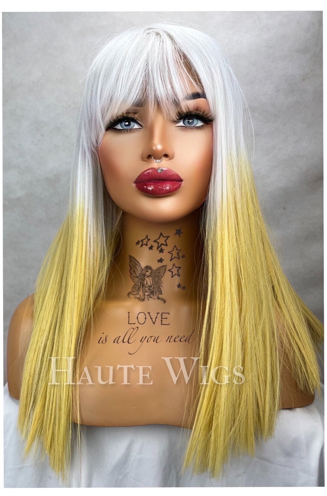 Ash White With Bright Lemon Yellow Gradient Hair Wig Fringe Bangs Sexy ...