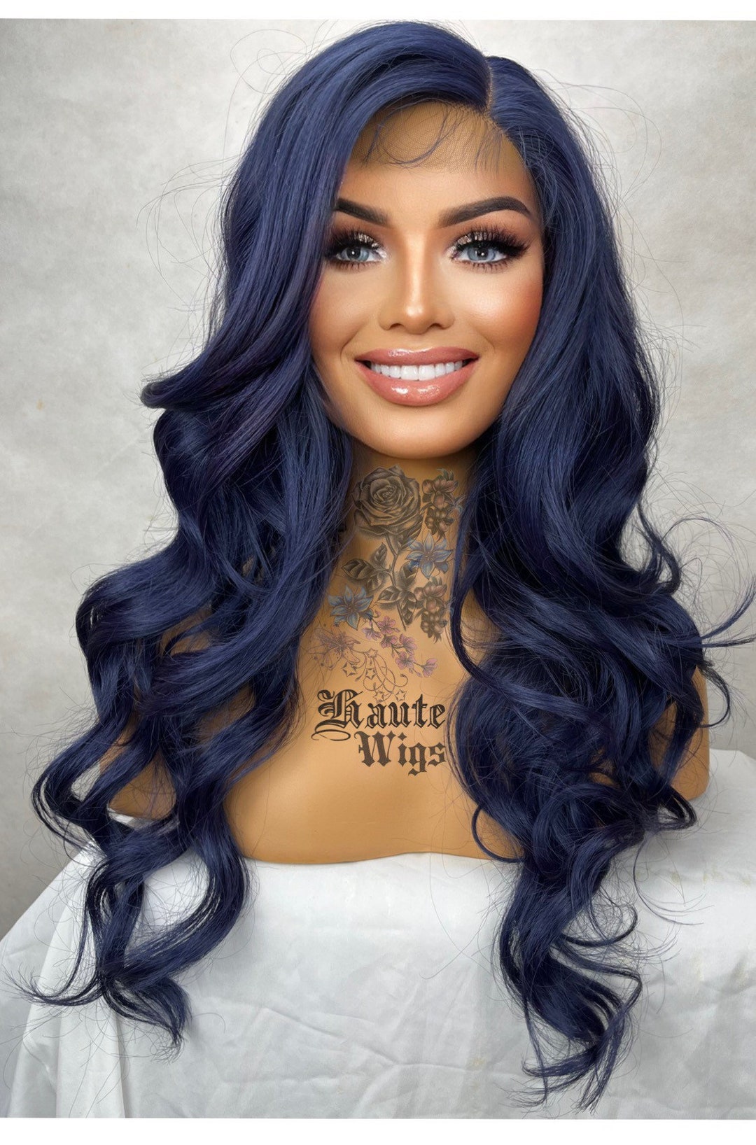 Baddie - Navy Dark Blue 24" Long Wavy Wig Womens Ladies Curly Lace ...