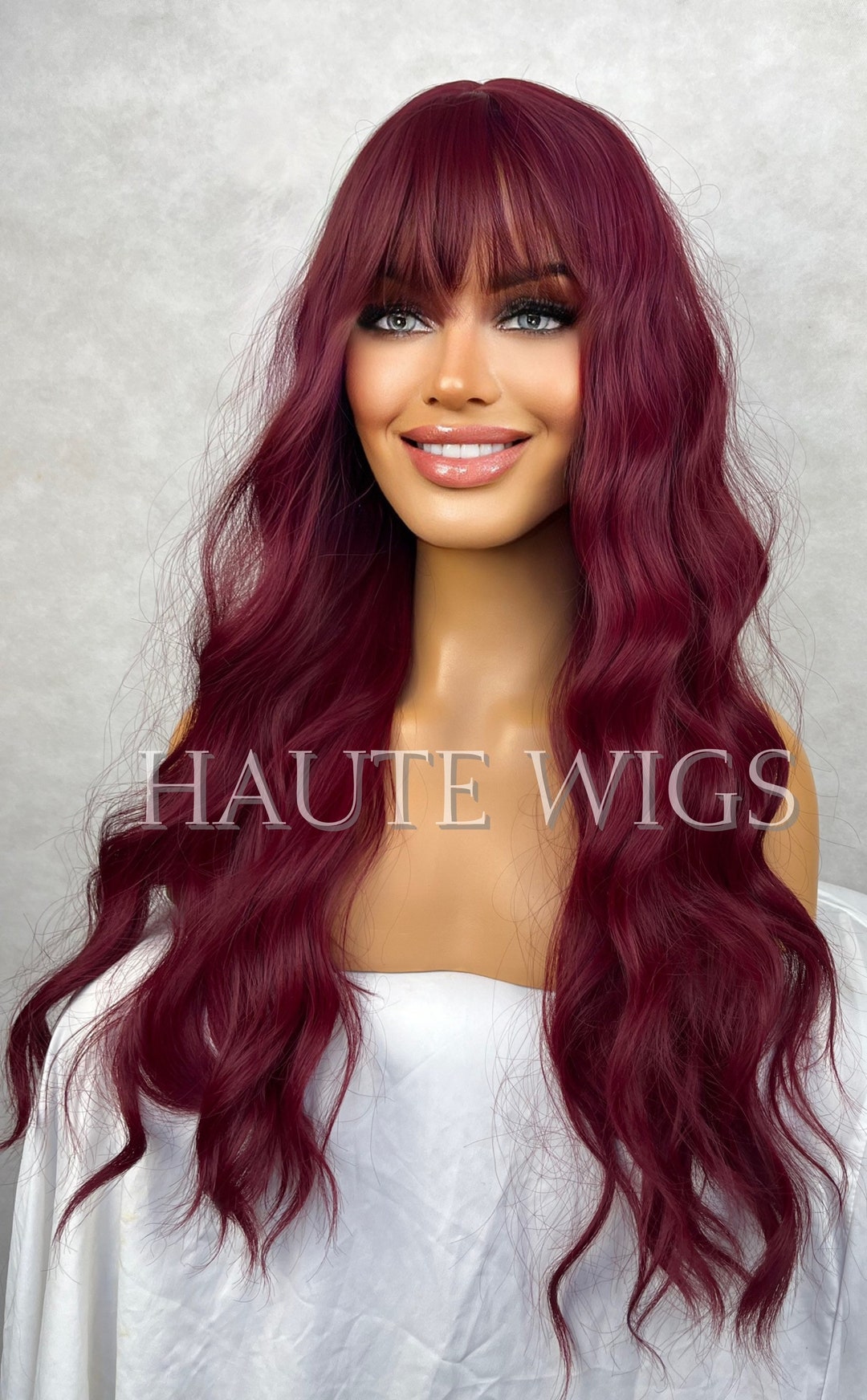 Dark Cherry 18 Inch Deep Red Wig Long Wavy W Bangs and Fringe Womens ...