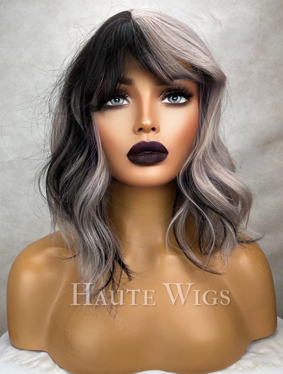 Corpse Bride Wig: Black & Platinum Silver Wavy Wig With Bangs - Etsy