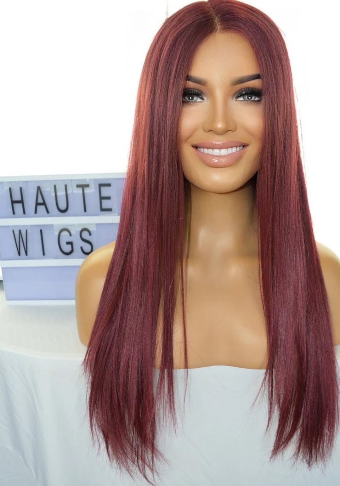 26 Inch Maroon Deep Red Wig Long Straight Womens Wig Human Hair Blends ...