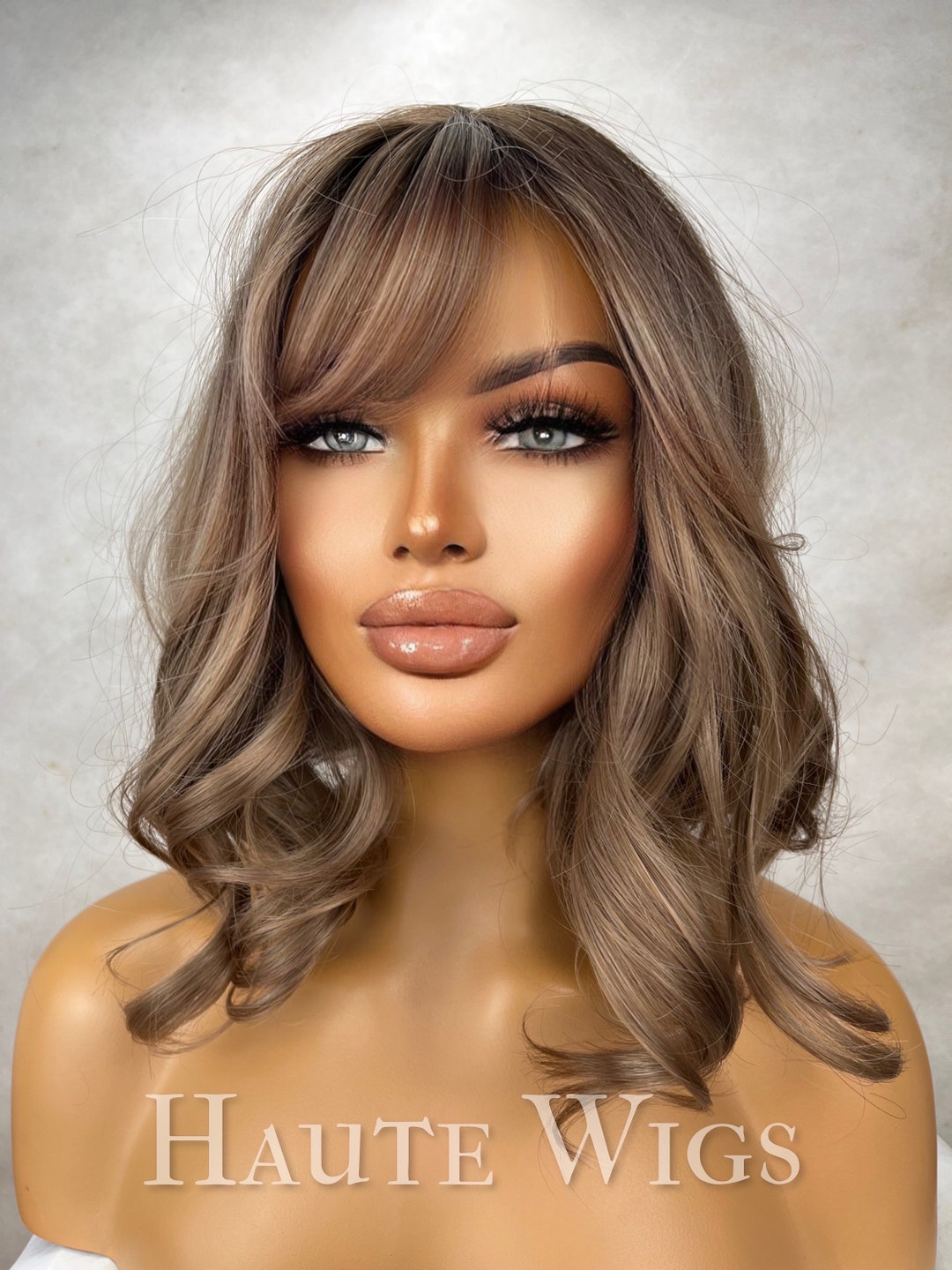 Justified Ash Brown Mouse Silver Tones Platinum BOB Wig W Bangs Fringe Short Wavy NO Lace Front ...