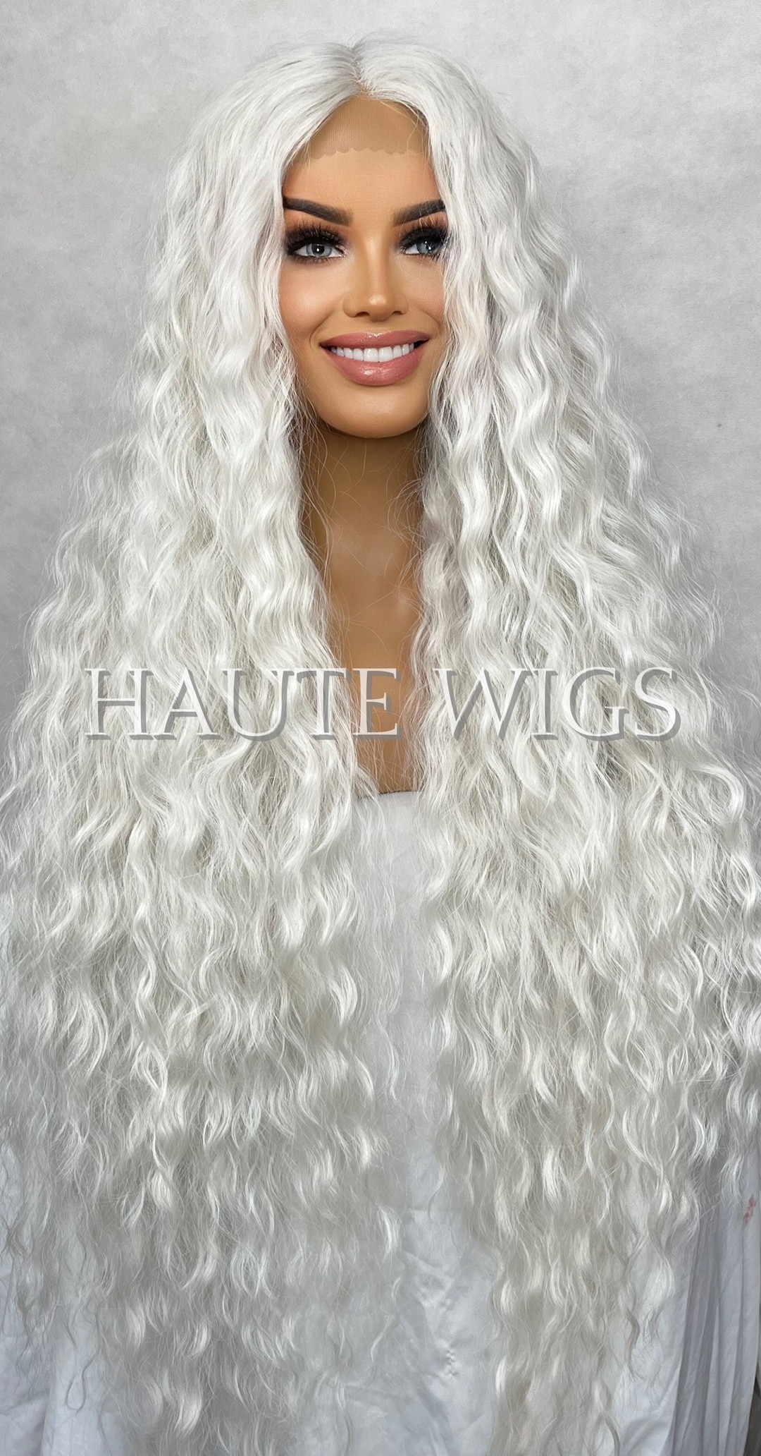 XXXL 42 Inch Wavy Curly Long Wig Lace Front Center Part Ice Platinum ...