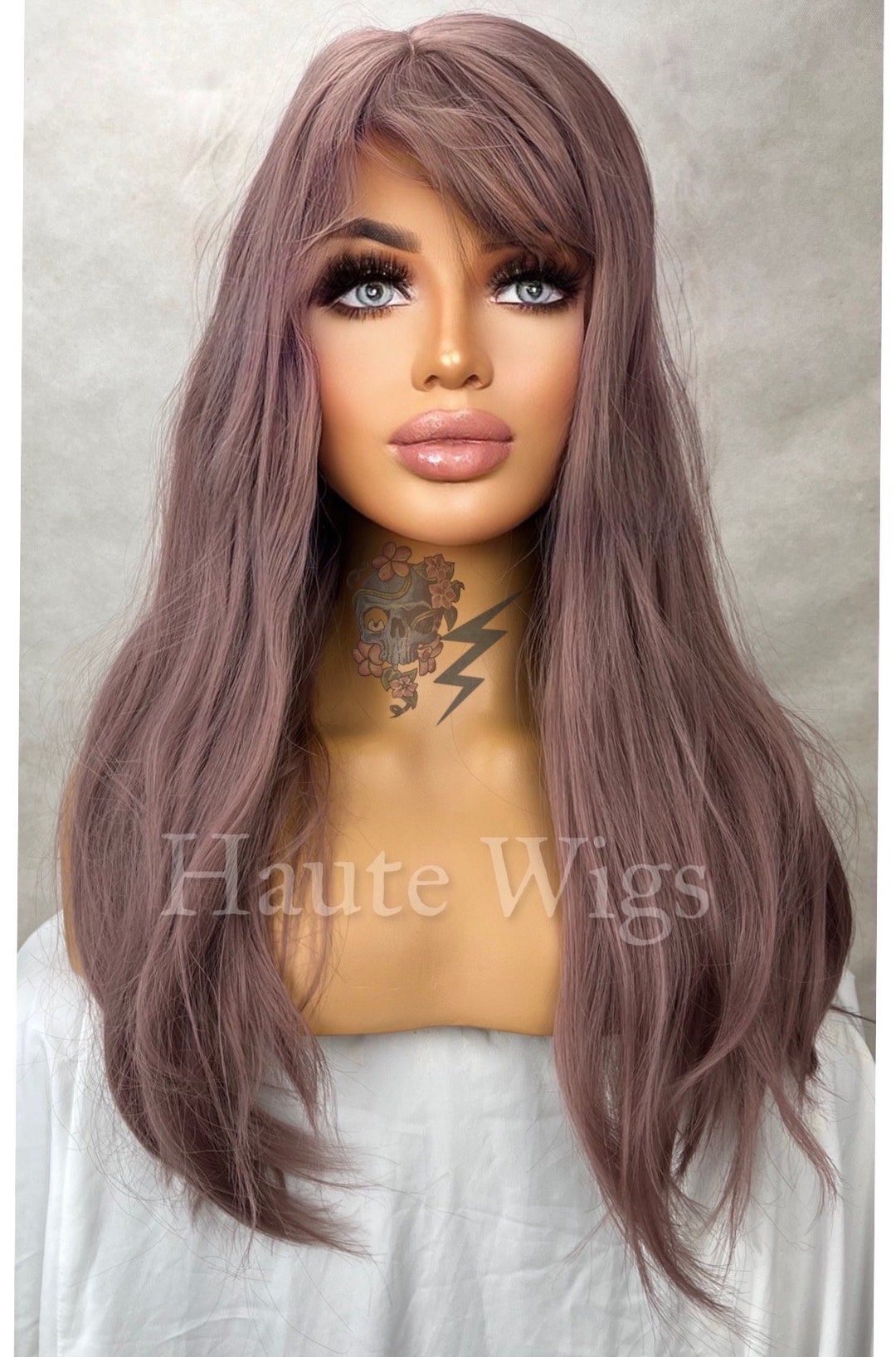 Rose Gold Lilac Straight Long Wig Womens Vegan Synthetic Hair 26 Inches ...