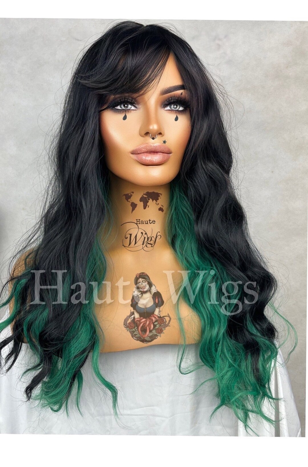 Envy - Black Wavy Wig With Bright Green Highlights: Emo Goth Bangs Role ...