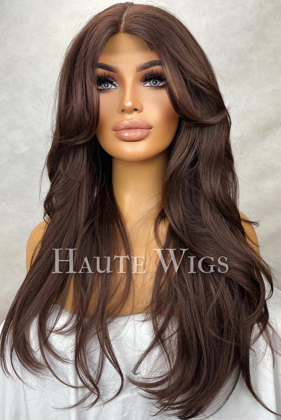 Haute 90s Inspired Layered Hair Wig Dark Warm Brown Red Tones With Side ...