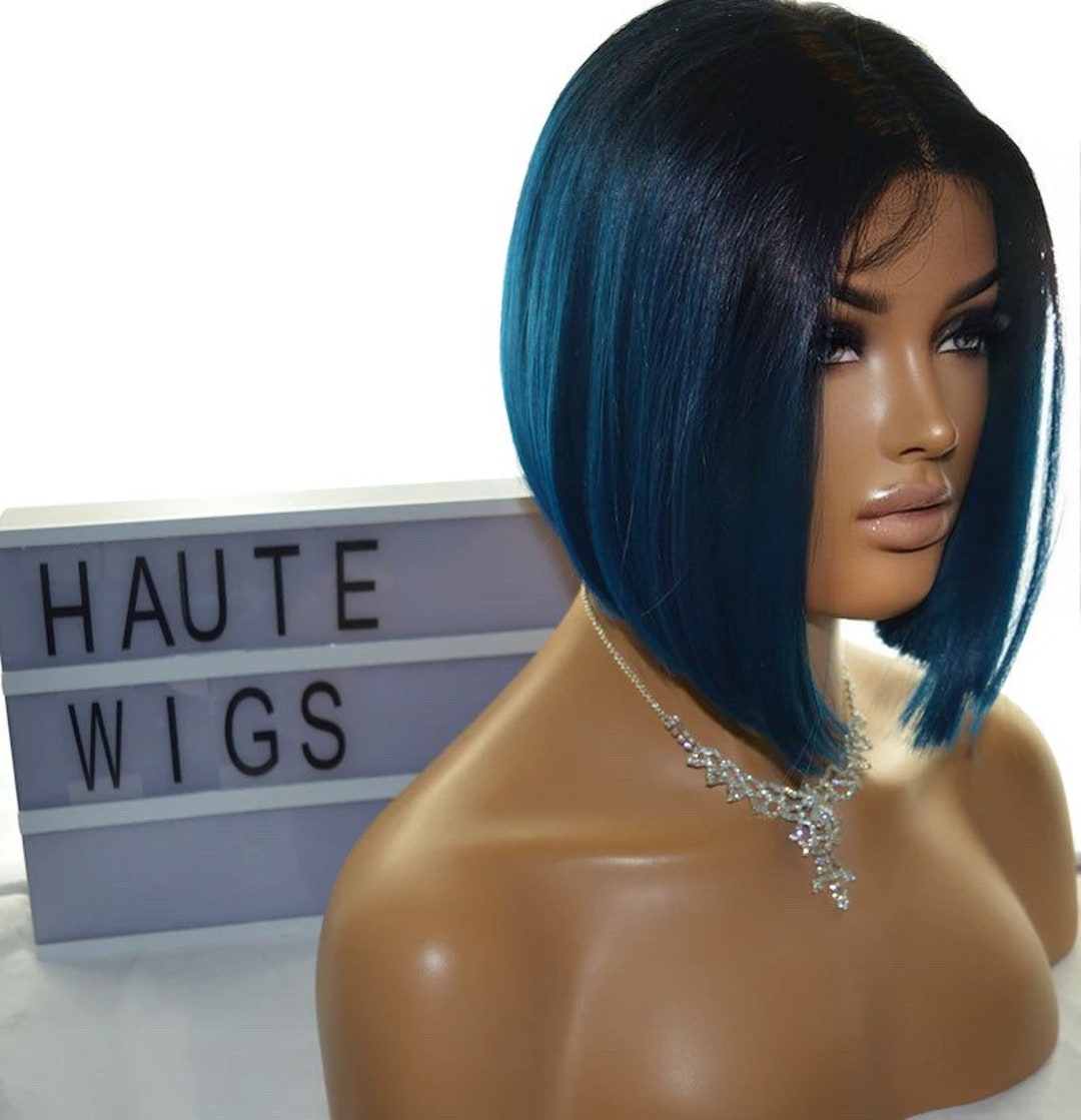 Midnight Blue Ombre Bob Wig: 12 Inch Lace Front Human Hair Blend - Etsy