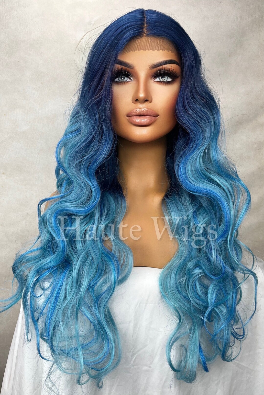Caribbean Blue Ombre Wavy Dark Sea Aqua Blue Wig Lace Front Free Part ...