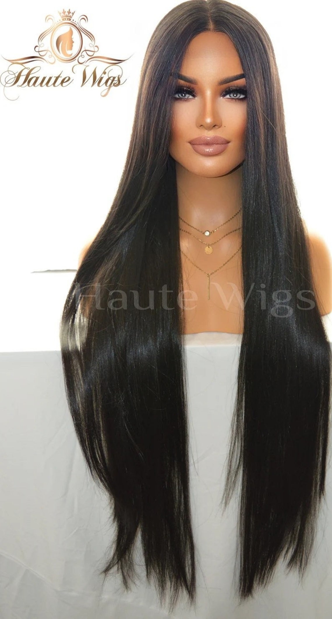 40 Inch Jet Black Straight Wig: Human Hair Blend Lace Front - Etsy