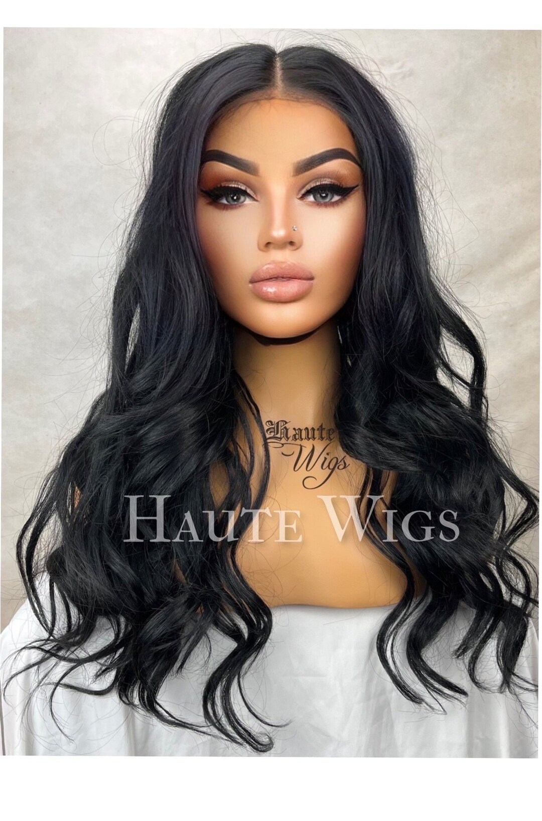 Free Part 26 Inch Jet Black Curly Wavy Water Waves Wig Swiss Lace Front ...