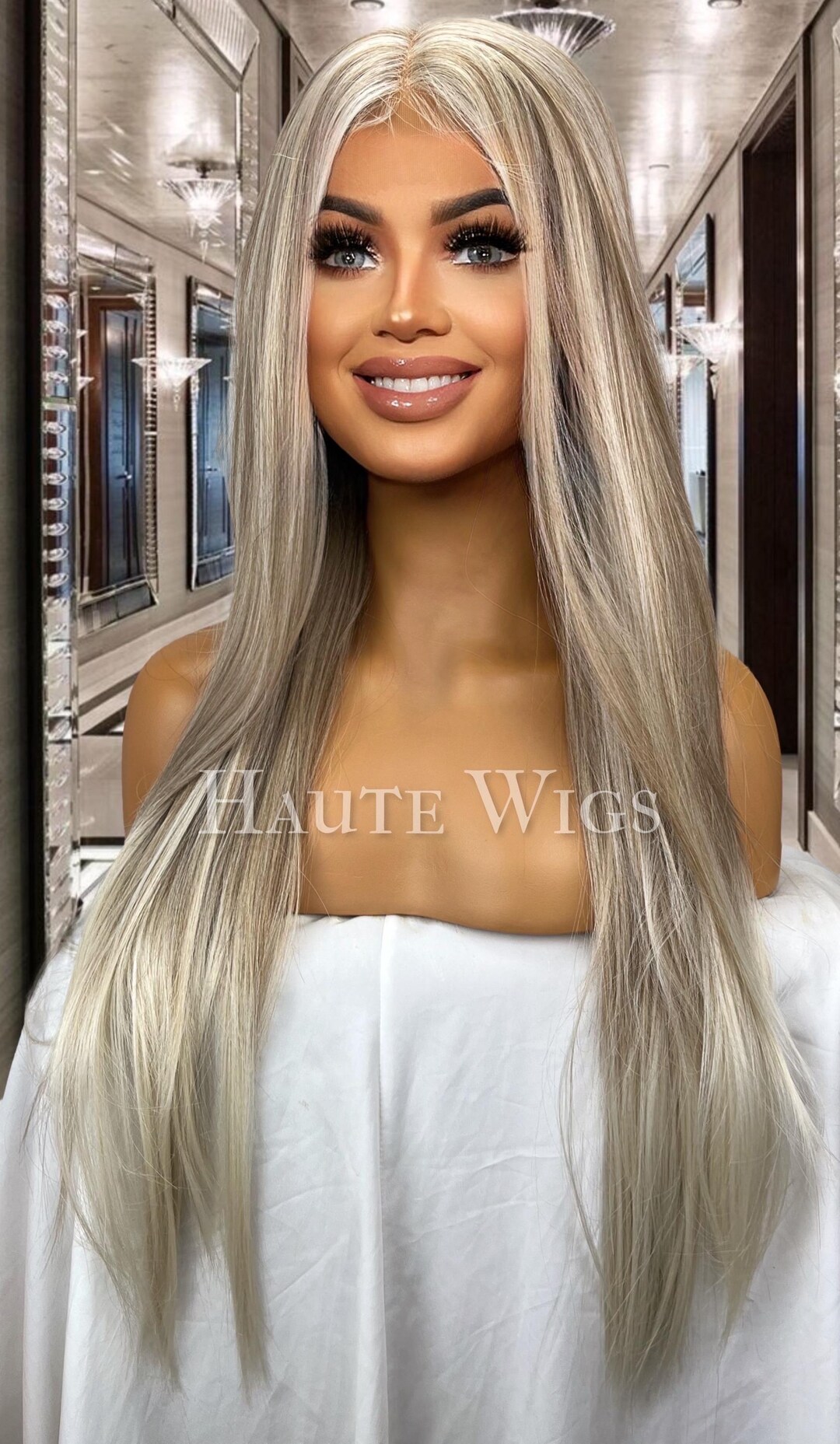 Risky Bombshell - 30 Inch COOL Tone Ash Blonde Wig White Highlights ...