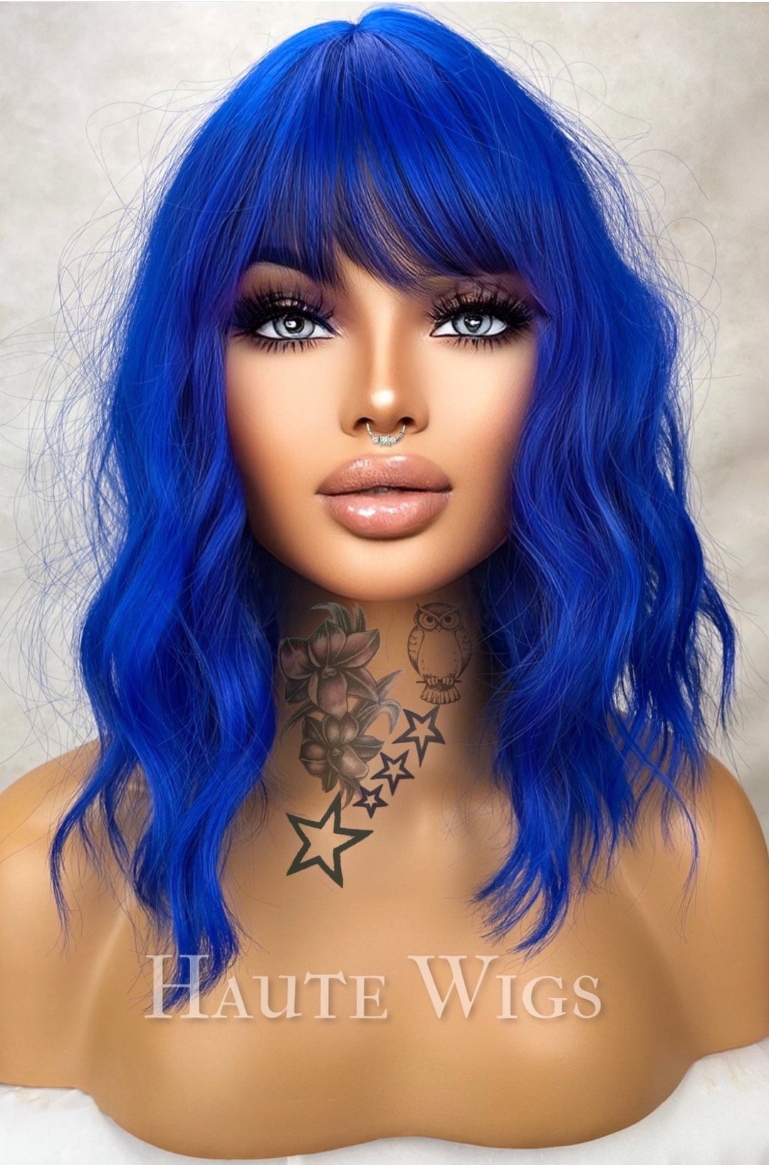 Electric 14 Inch Colbalt Bright Blue RARE Bangs Fringe Wig No Lace ...