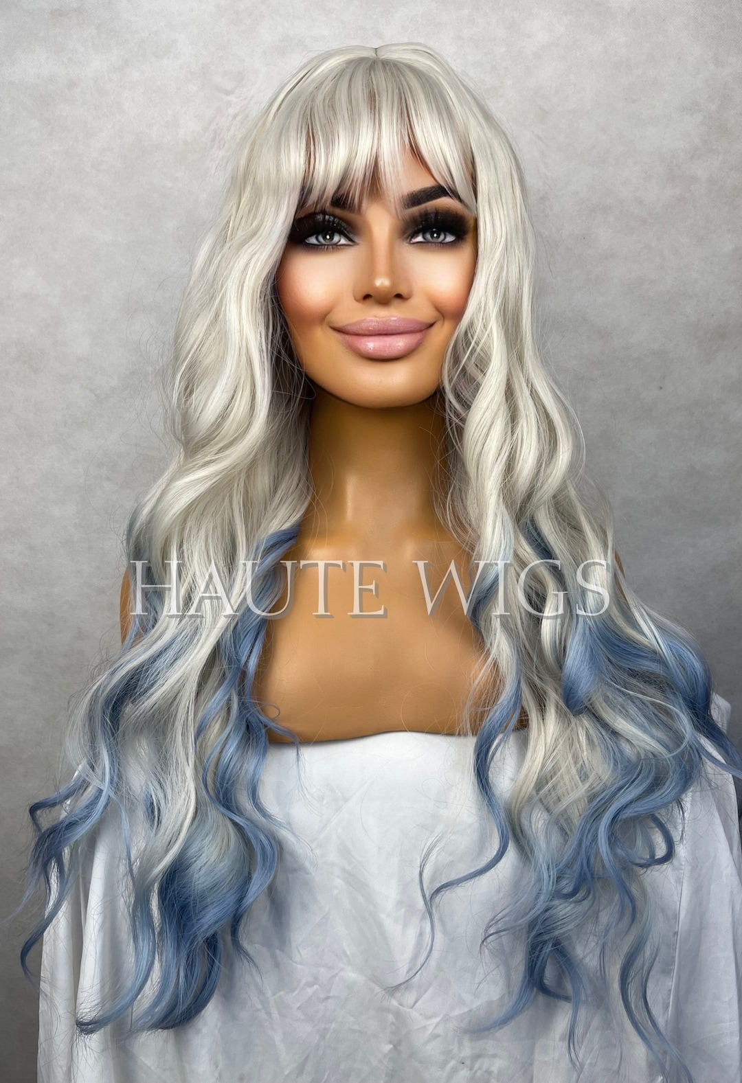 28 Inch Long Wavy Ombre Platinum White Blonde Pastel Blue Ends Dip Dye ...
