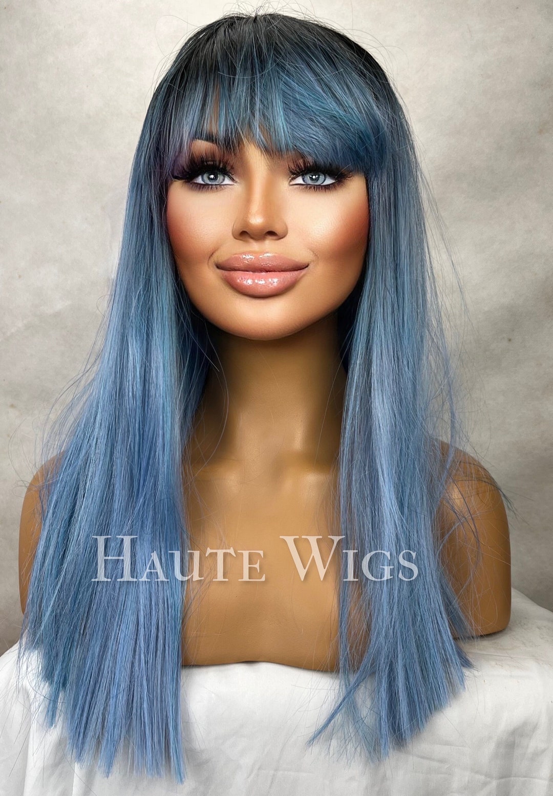Berlin Sky - 16 Inch Blue Ombre RARE Bangs Fringe Wig No Lace Front ...