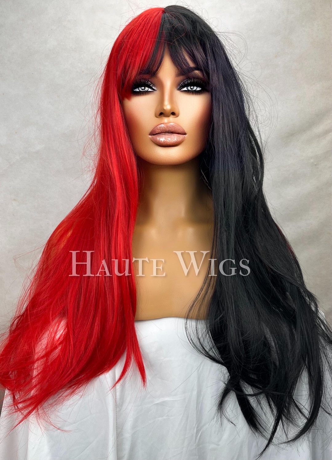 50/50 - 26 Inch Half Black & Bright Red Highlights Streaks Wig Long ...