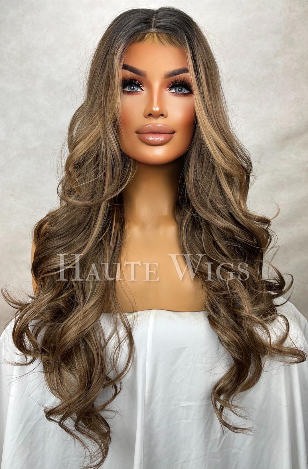 Free Part BROWN Brunette Wig With Blonde Highlights Lowlights Streaks ...