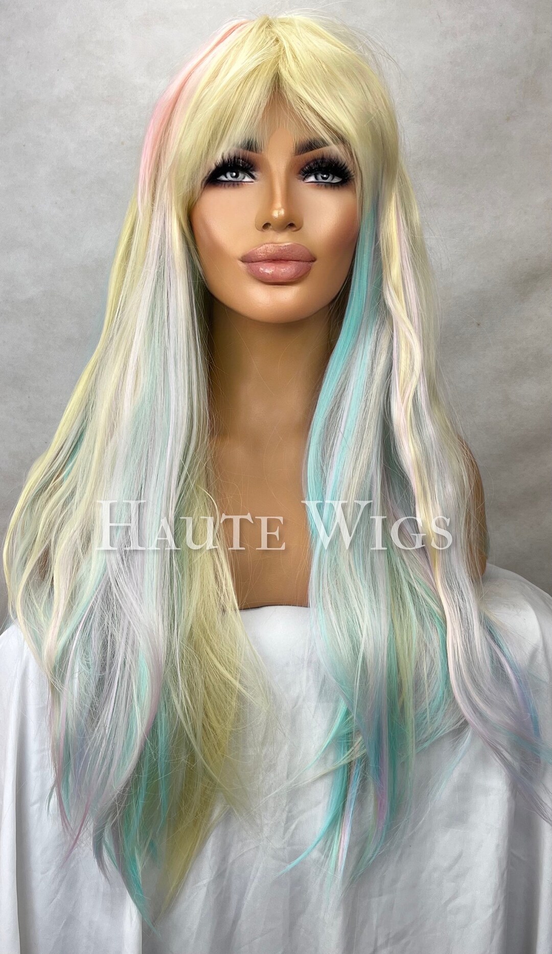 Long Blonde Wig: Pastel Rainbow Streaks, Bangs, Heat Resistant - Etsy